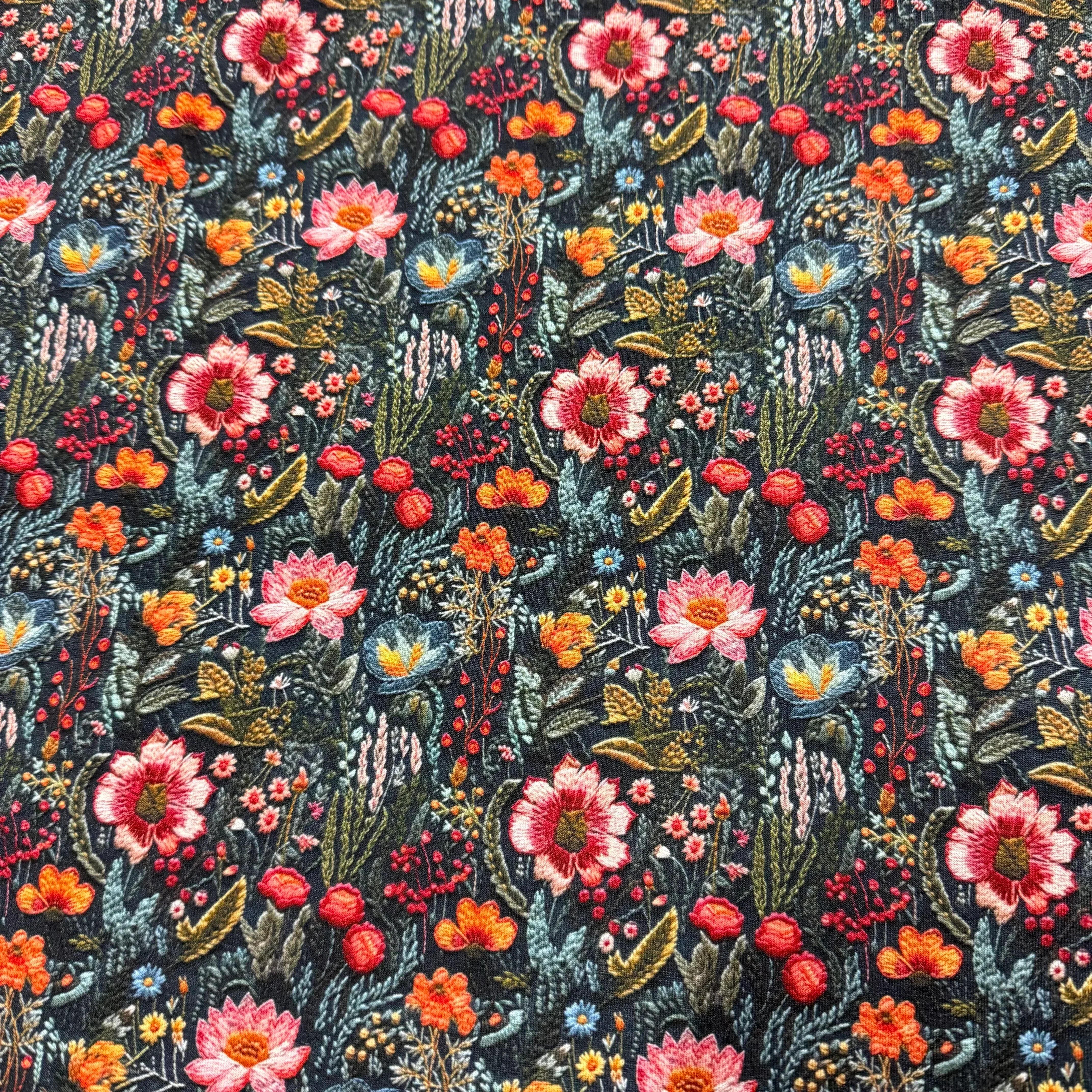 Embroidered Flower Garden on Bamboo Stretch French Terry Fabric ...