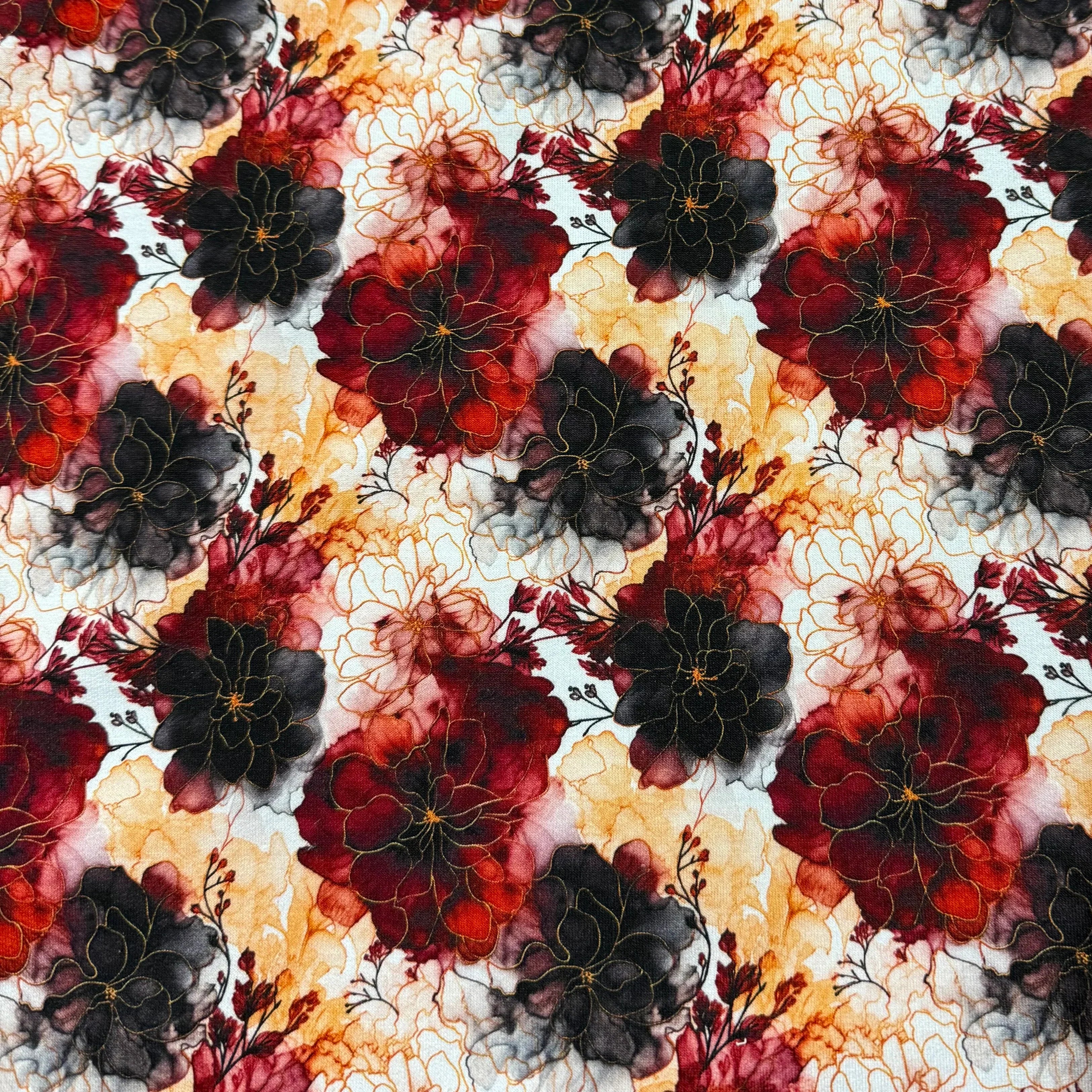 Autumn Watercolor Flowers on Organic Cotton Stretch French Terry Fabri ...